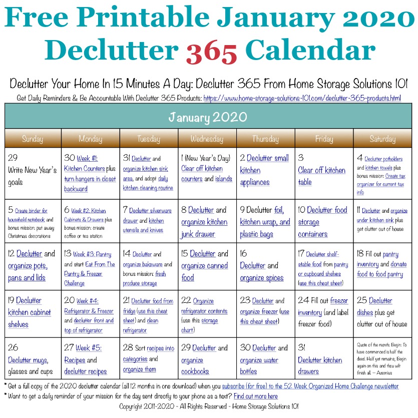 January Declutter Calendar: Daily 15 Minutes Missions for a Month ...